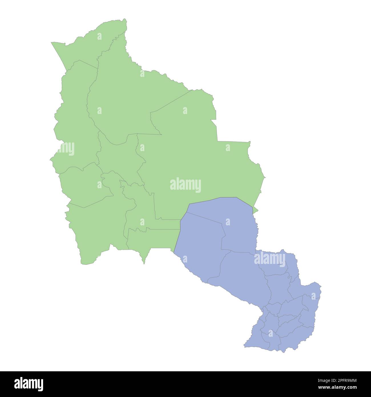 High quality political map of Bolivia and Paraguay with borders of the regions or provinces ...