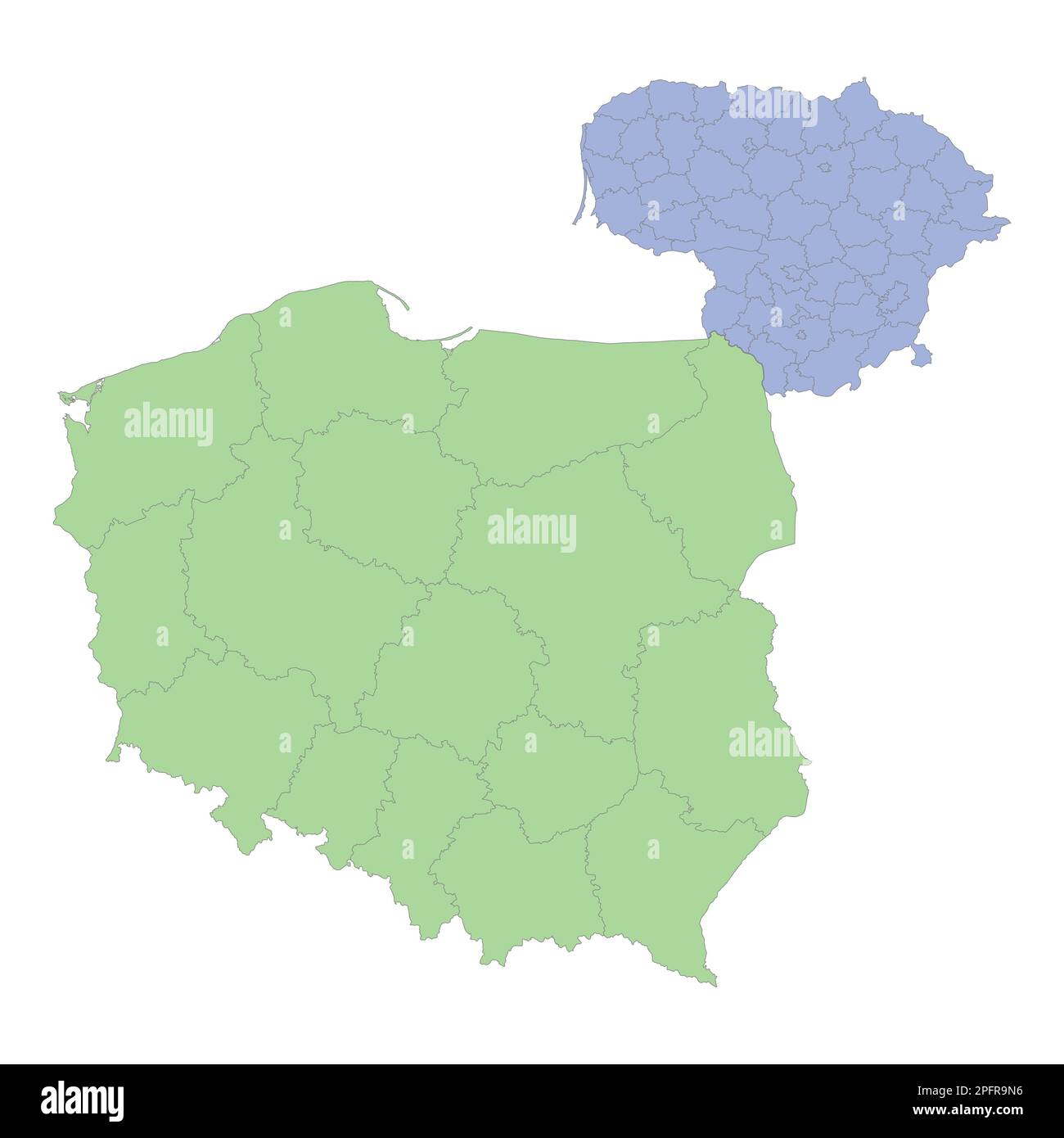 High quality political map of Poland and Lithuania with borders of the ...