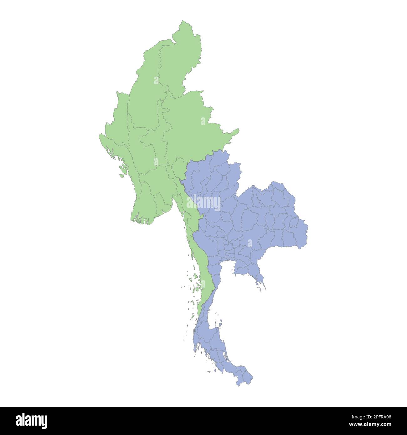 High quality political map of Thailand and Myanmar with borders of the regions or provinces ...