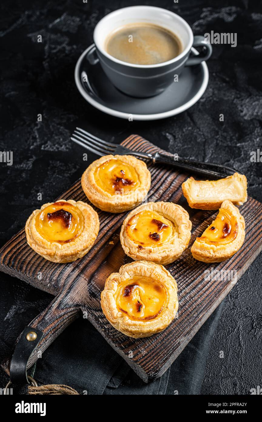 Custard Tarts Pasteis de Belem, Portuguese pastel de Nata. Black ...