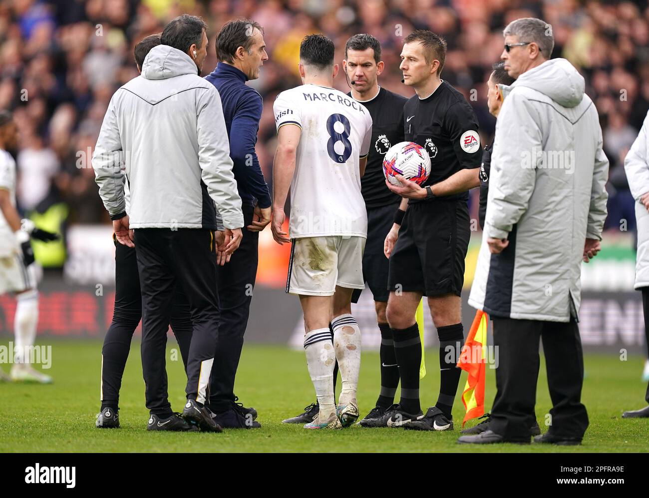 Wolverhampton Wanderers manager Julen Lopetegui speaks to referee ...