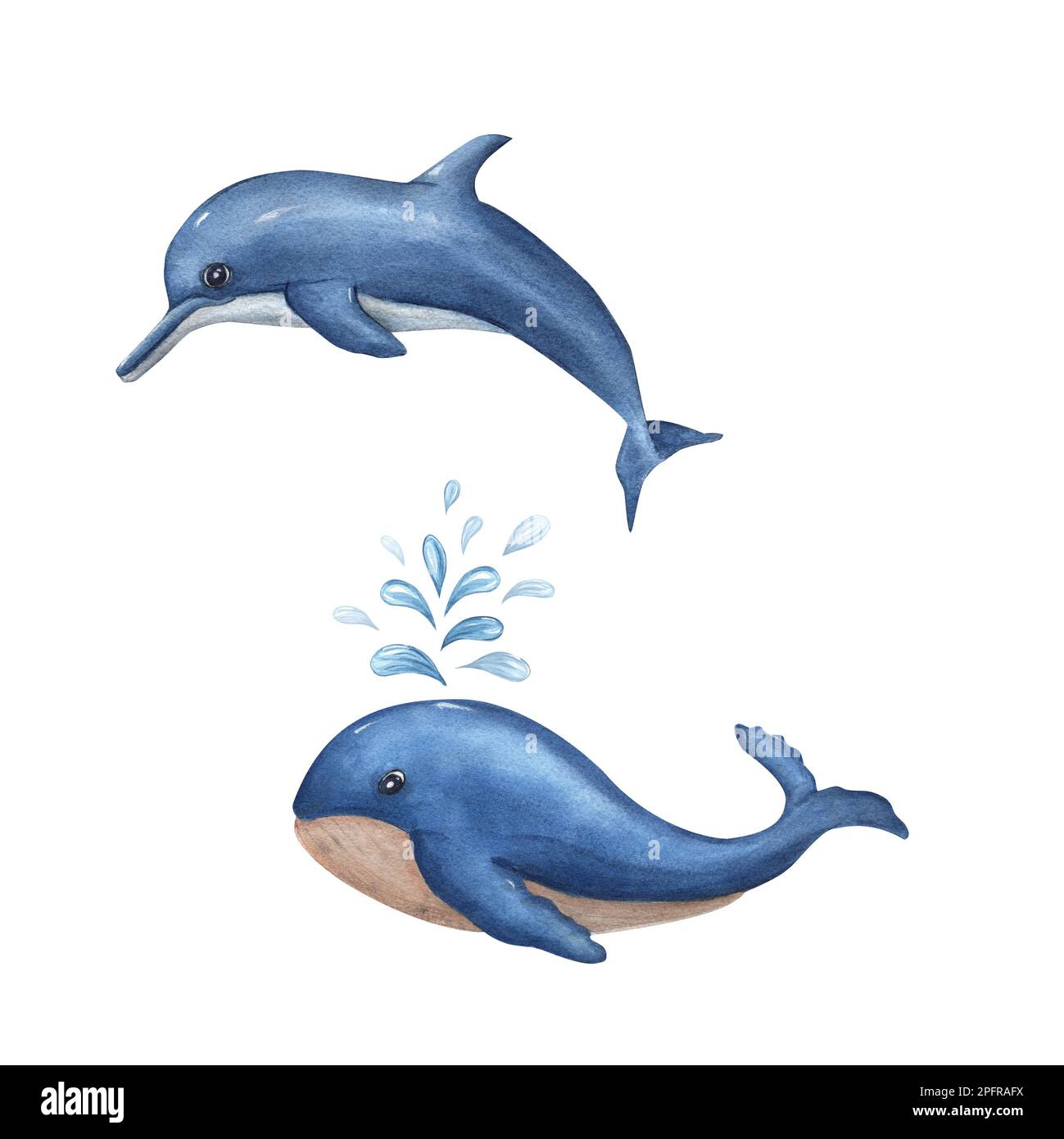 Watercolor sea set with whale and dolphin isolated on white background ...