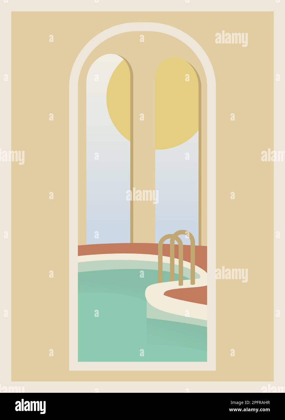 Swimming pool and arches interior illustration poster. view through ...