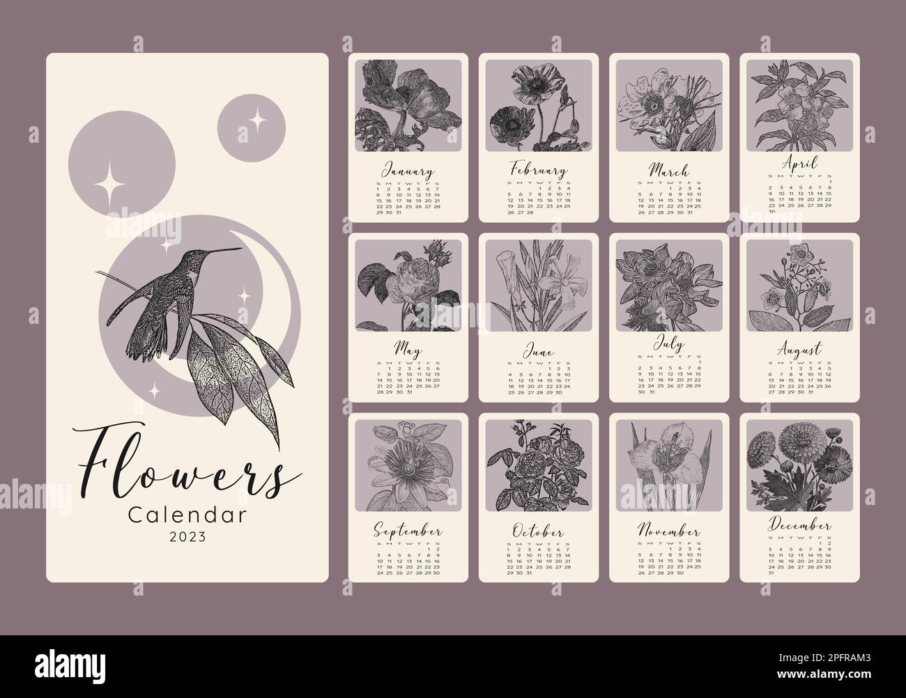 Calendar with monochrome flowers in neutral colors. Botanical calendar ...