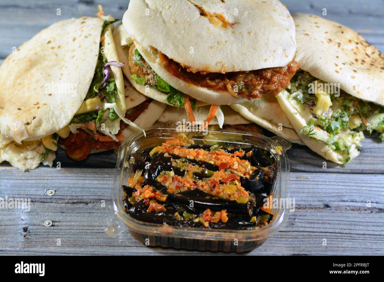 Pickled fried aubergine, green pepper, Traditional Egyptian breakfast ...