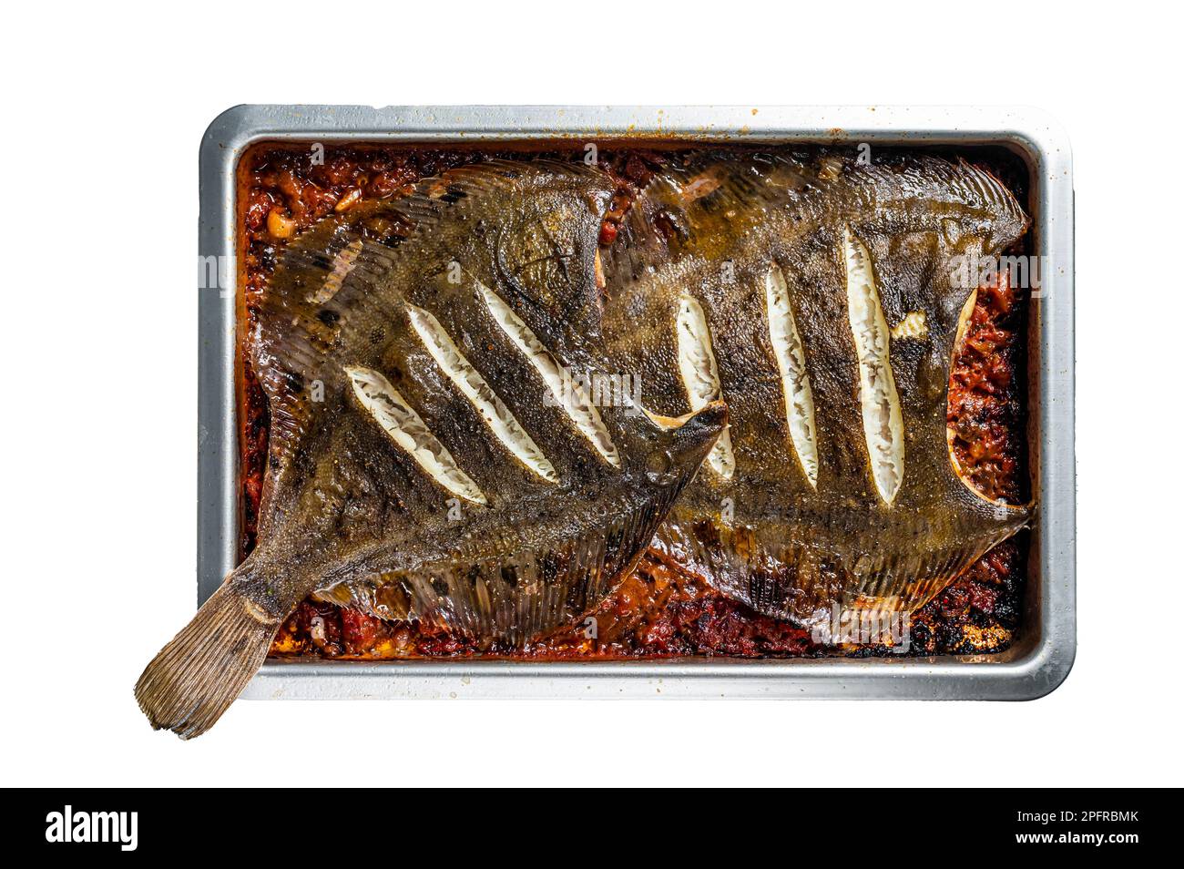 Flounder flat fish roasted in a tomato sauce in baking tray. Isolated ...