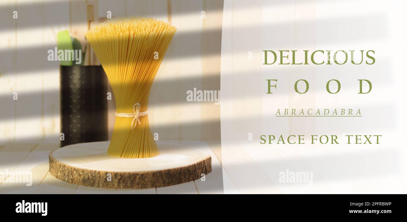 A bunch of dry spaghetti pasta in a stack horizontally. A pile of raw ...