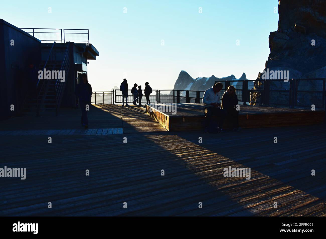 Platform of cable car station at Aiguille du midi peak, Sunrise at the ...
