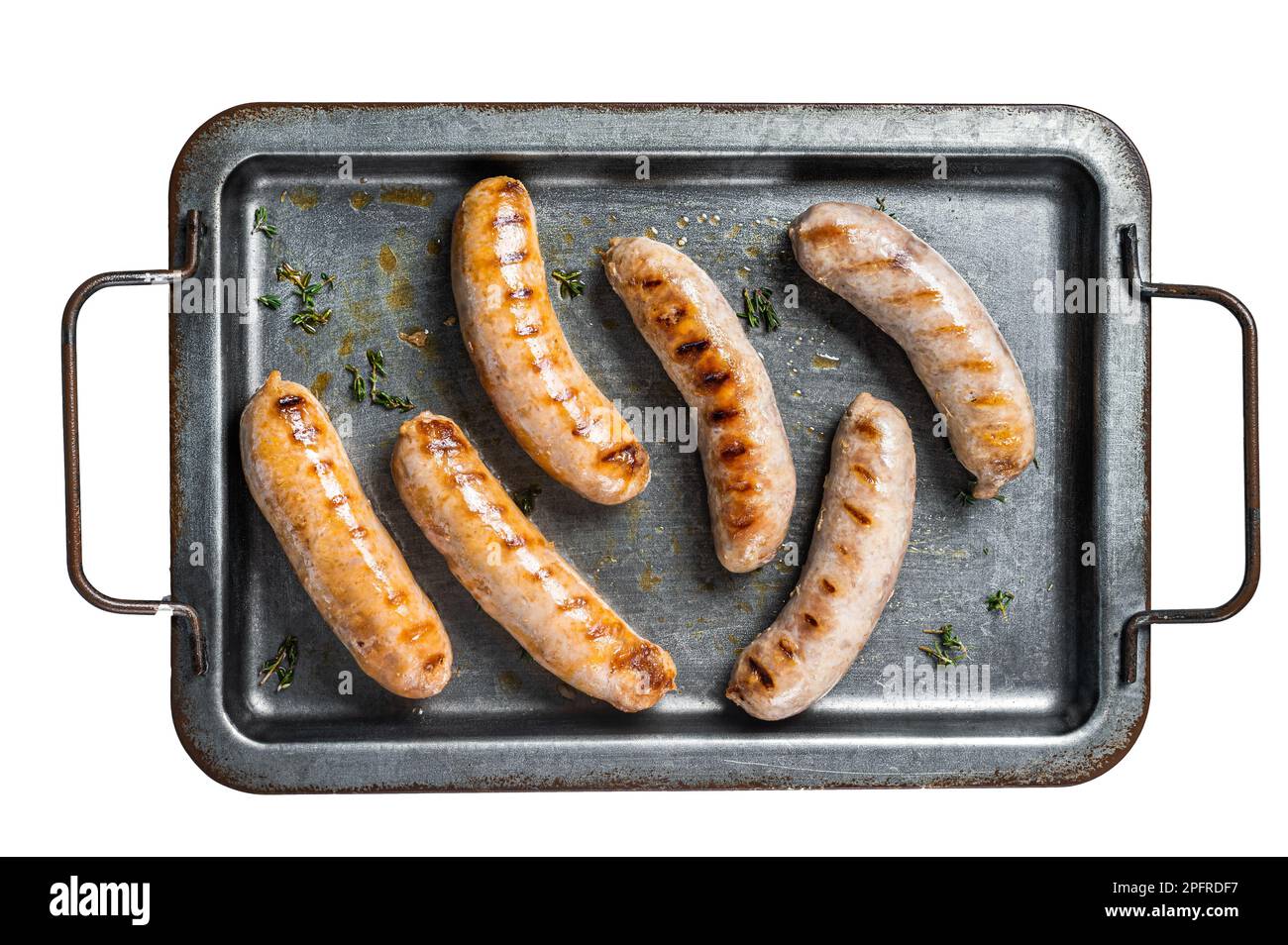 BBQ Grilled Bratwurst and Bockwurst pork meat sausages on a steel ...