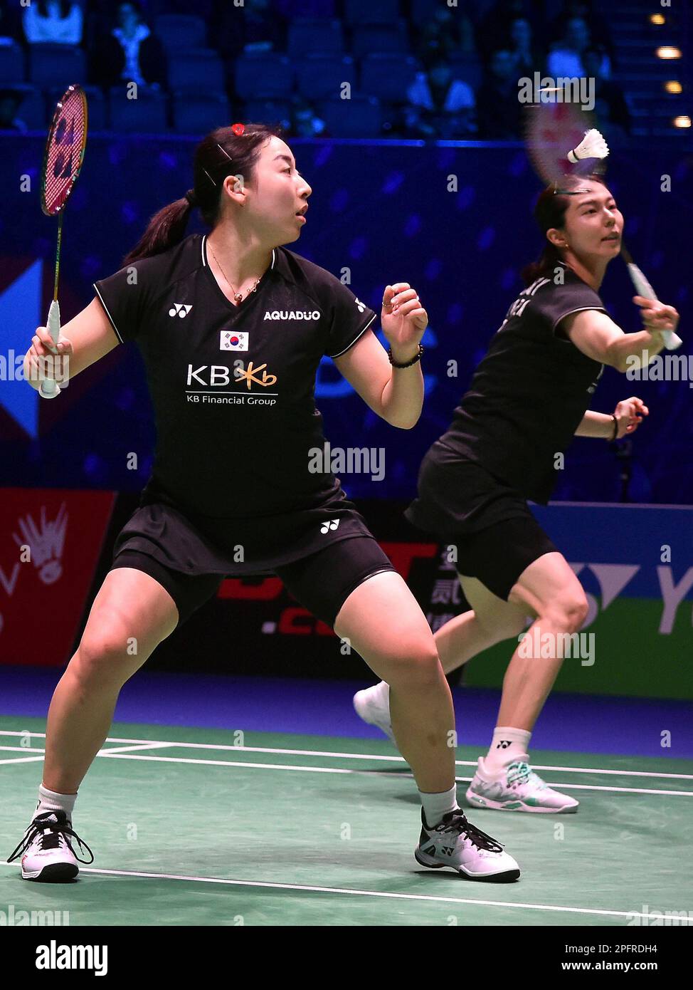Korea's Kim So Yeong and Kong Hee Yong, left, return a shot during their women's double semi ...