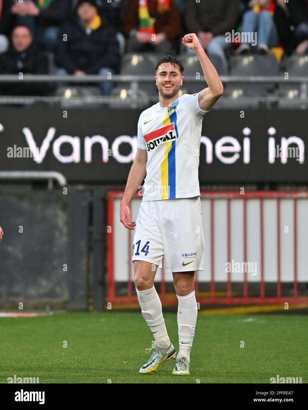 Westerlo's Kyan Vaesen celebrates after scoring during a soccer match ...
