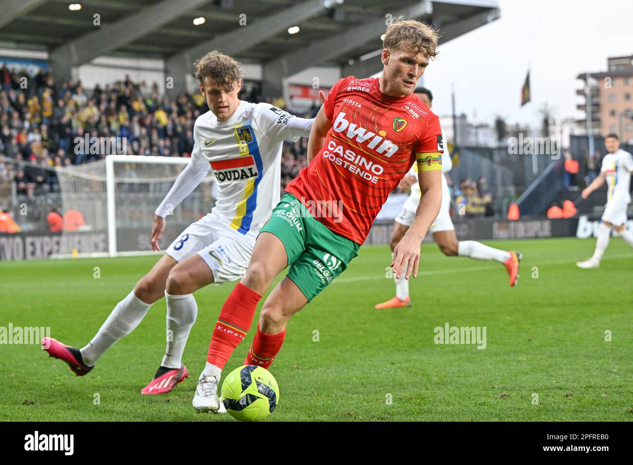 Westerlo's Nikolas Madsen and Oostende's Cameron McGeehan pictured in ...