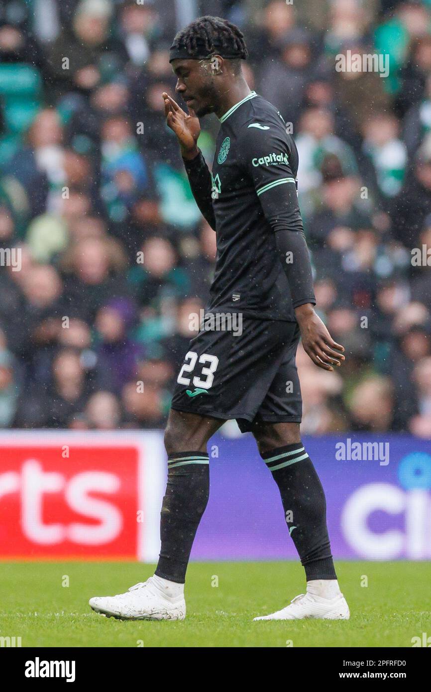 Hibernian's Elie Youan leaves the pitch after being shown a red card ...
