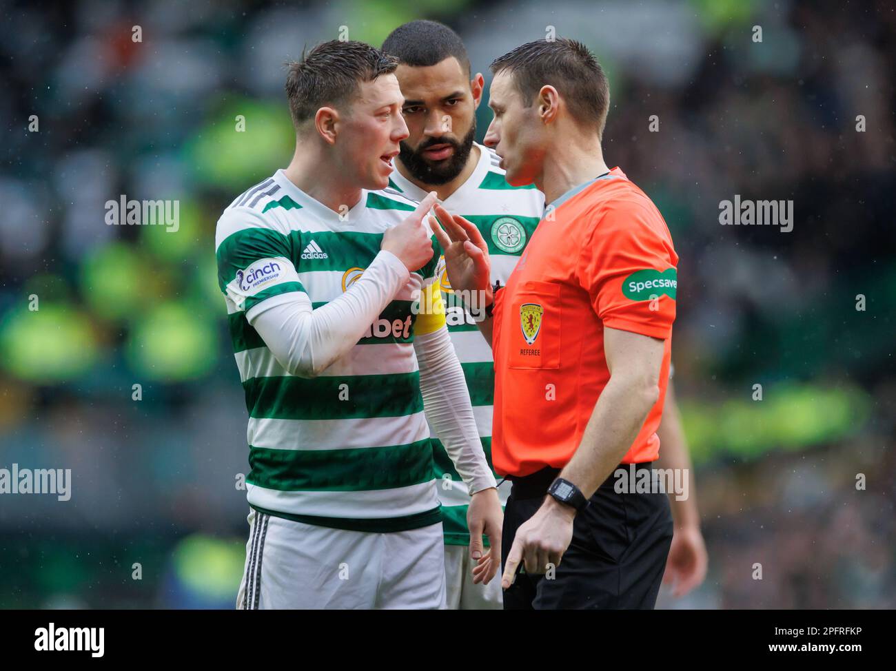 Celtic captain Callum McGregor talks to referee Steven McLean during ...