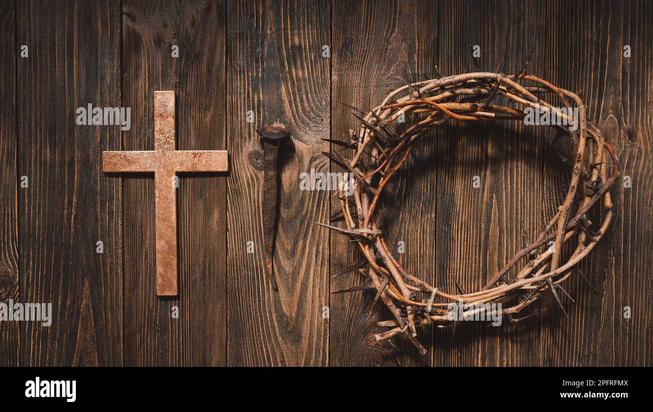 Jesus Crown Thorns and nails and cross on a wood background. Easter Day ...
