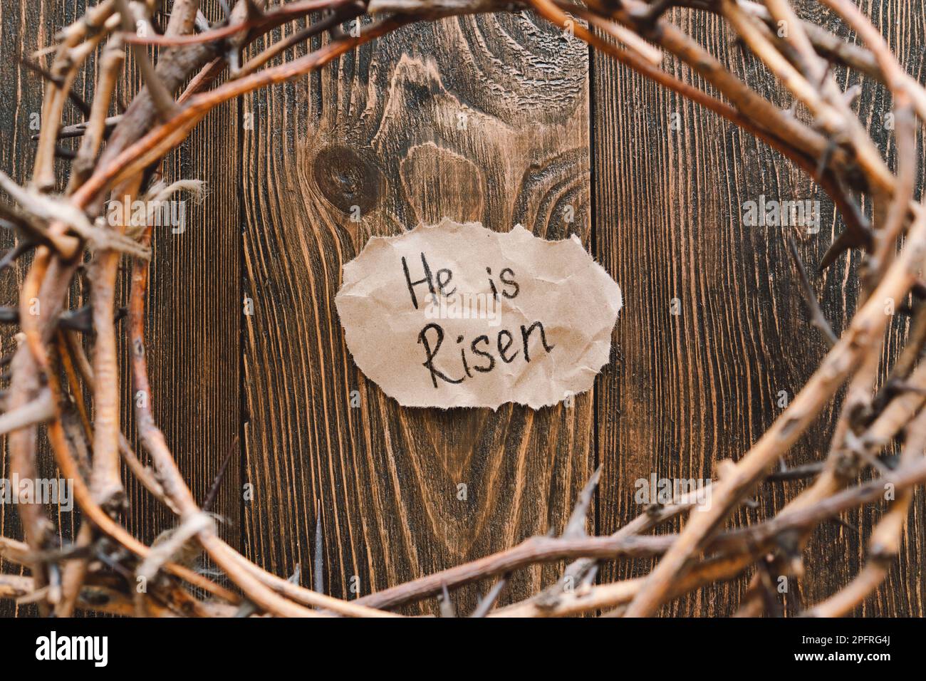 He is Risen. Jesus Crown Thorns and nails and cross on a wood ...