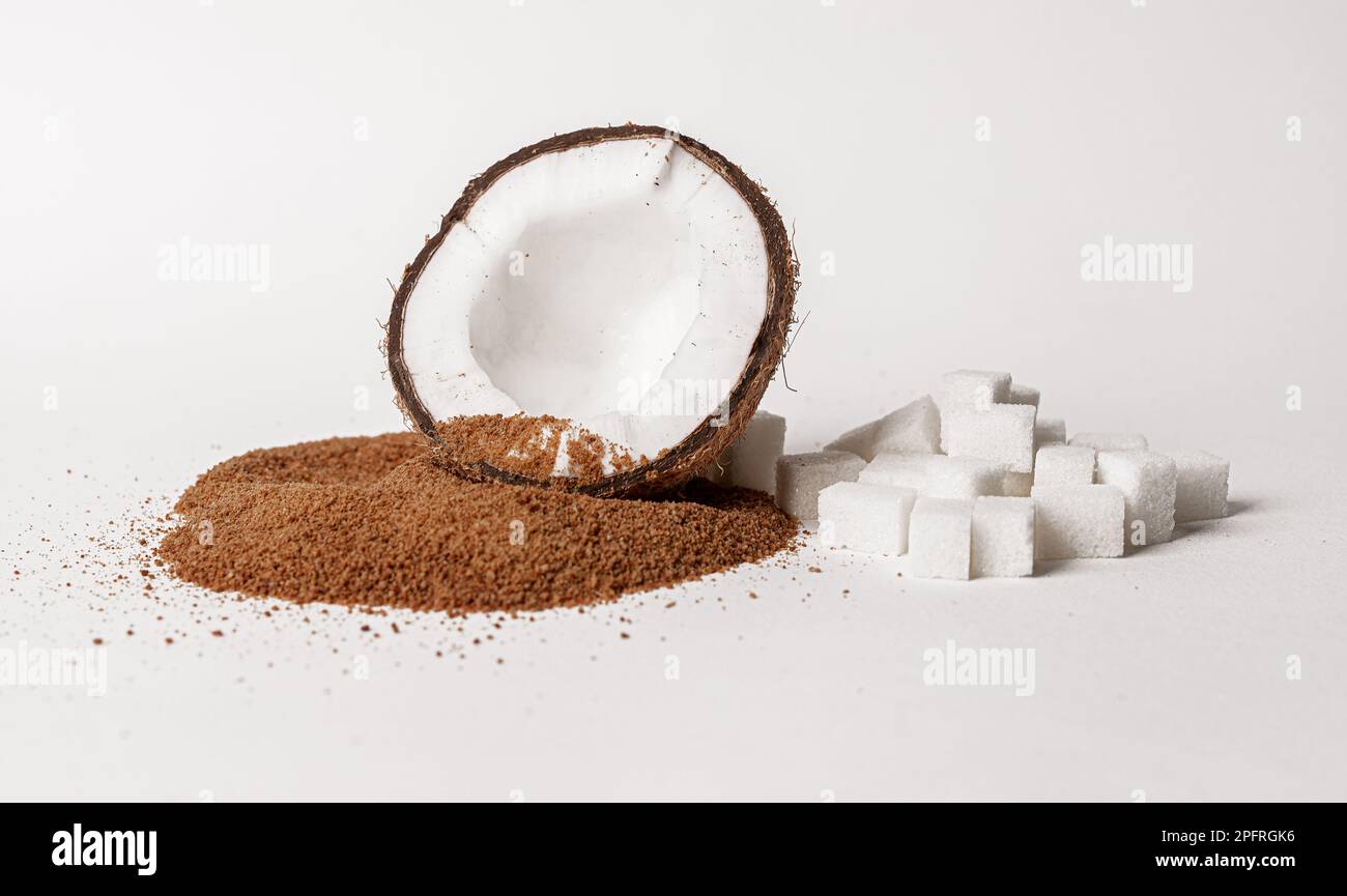 Coconut brown sugar pile, coco nut fruit, sweet ingredient vs white ...