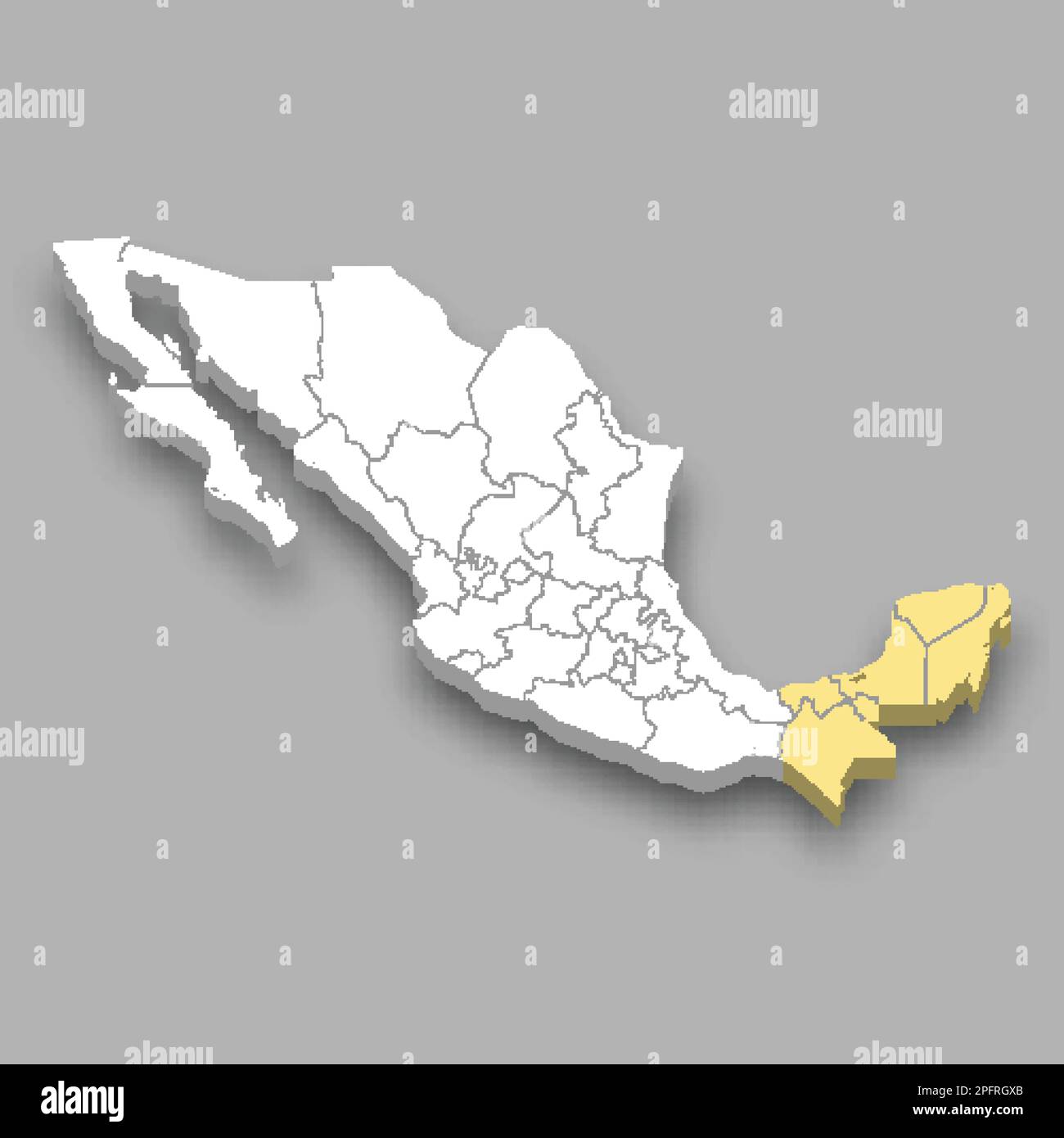 Yucatan and the South region location within Mexico 3d isometric map ...