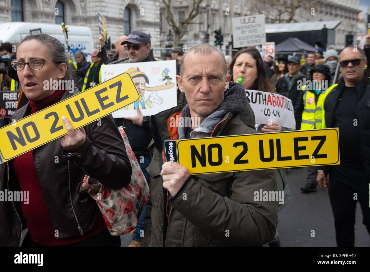 London, UK - 18 March 2023: A "Stop the ULEZ" protest took place in ...