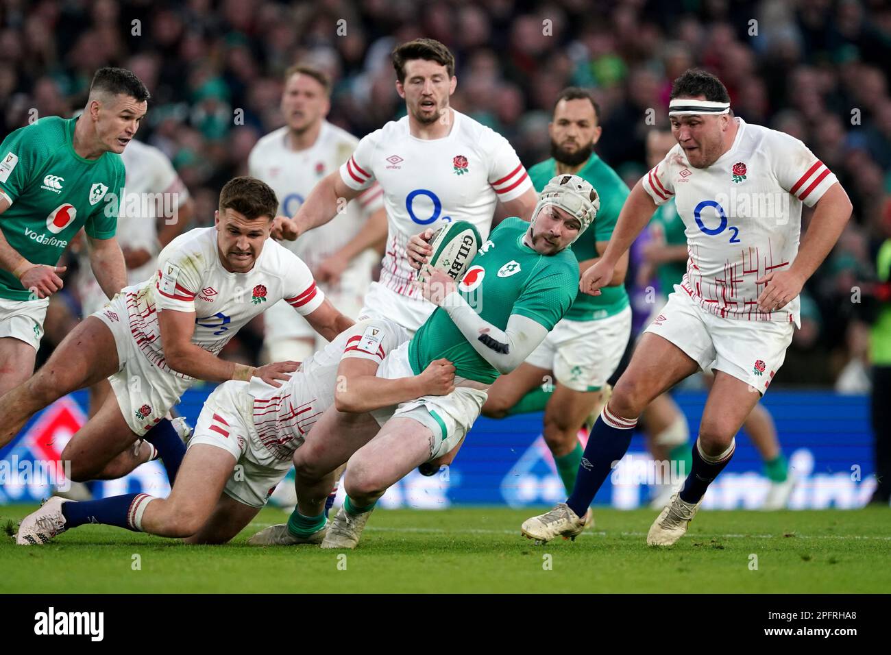 Ireland's Mackenzie Hansen is tackled during the Guinness Six Nations ...