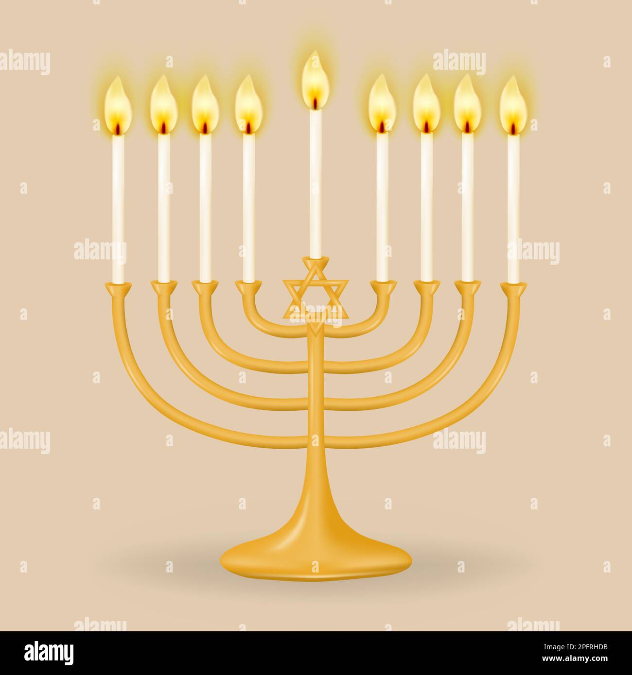 Gold Hanukkiah for nine candles on a beige background. Hanukkah ...