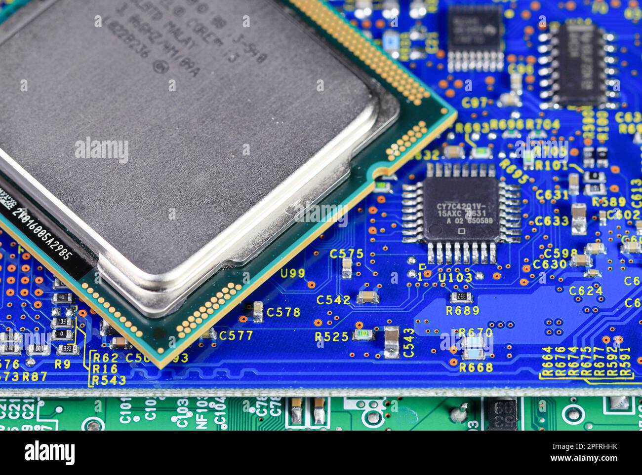 Close up of High performance CPU or central processor unit on electronic board background Stock ...