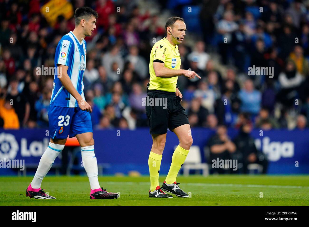 The referee signals a penalty during the La Liga match between RCD ...