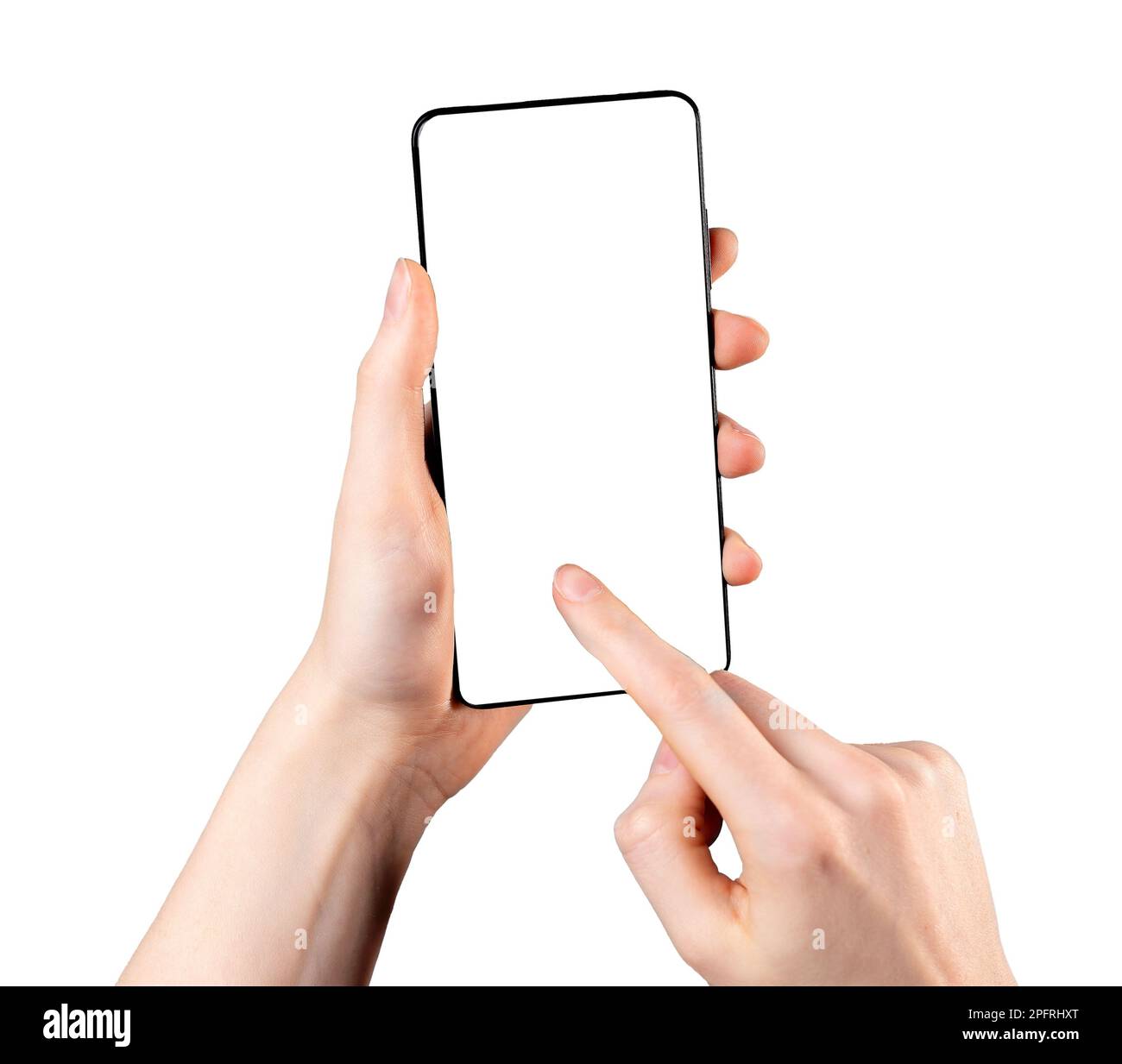 Finger Tapping On Blank Mobile Phone Screen Smartphone Display Mockup Isolated On White