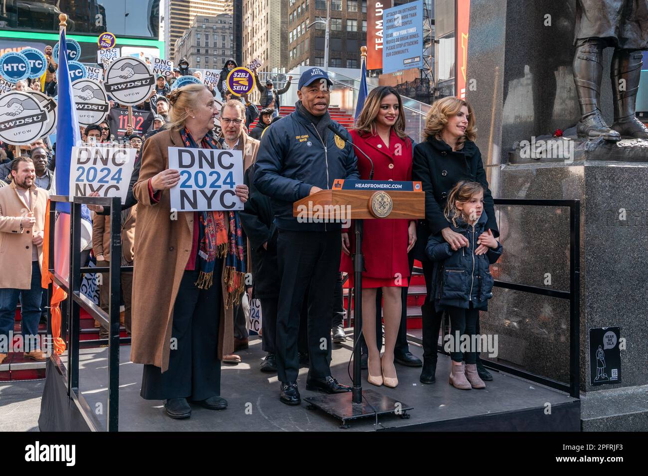 Mayor Eric Adams speaks during rally on Times Square on March 18, 2023 ...