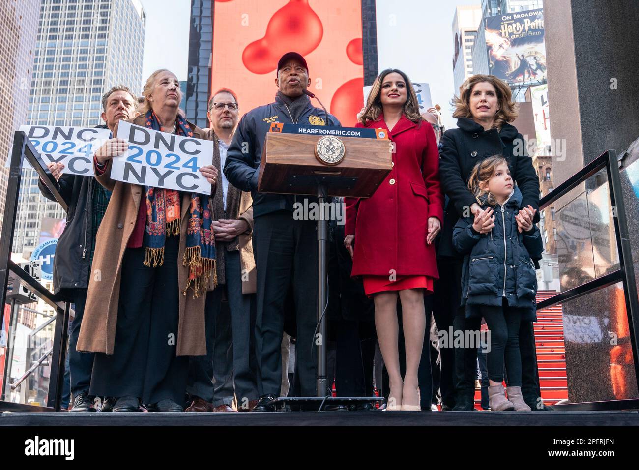 Mayor Eric Adams speaks during rally on Times Square on March 18, 2023 ...