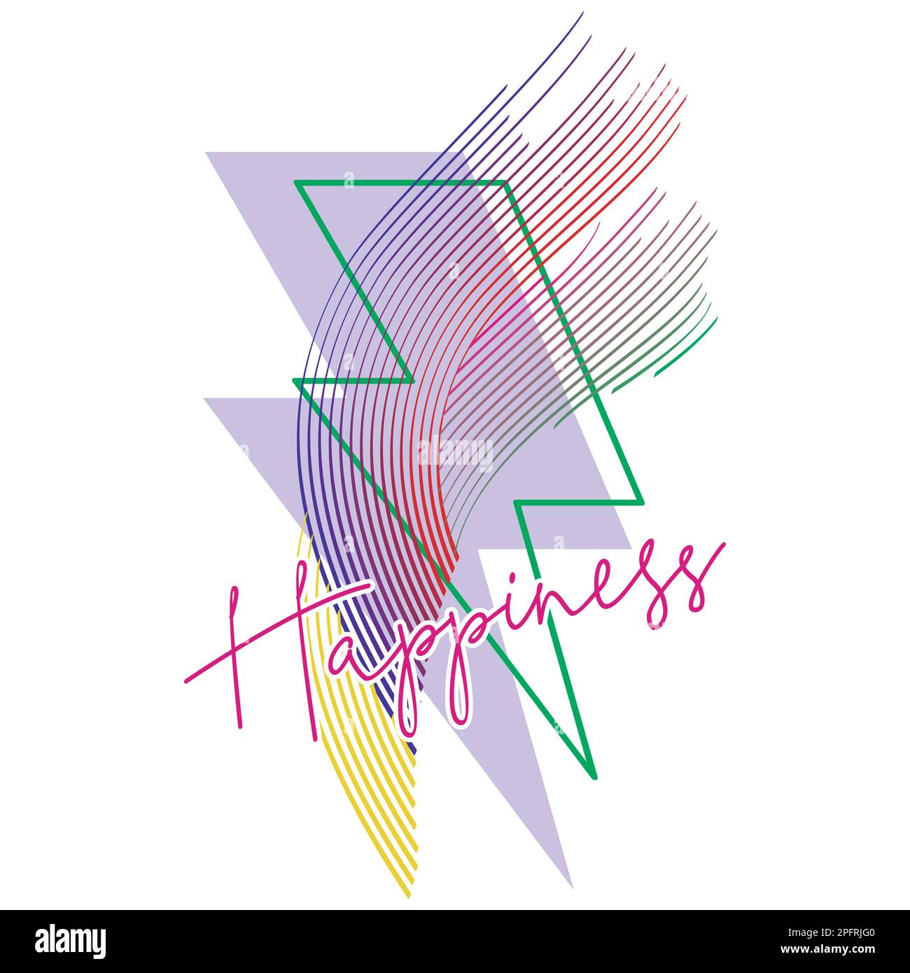 Happiness. Thunder symbol t-shirt design with a word and curved lines ...