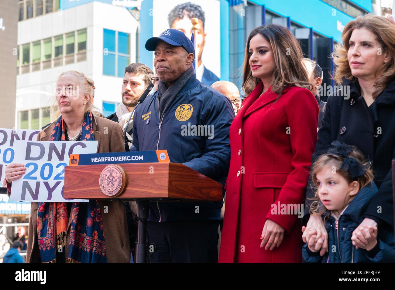 Mayor Eric Adams speaks during rally on Times Square on March 18, 2023 ...