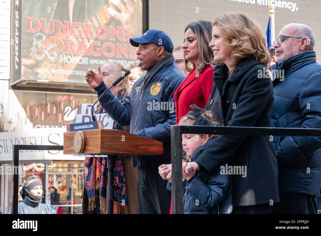 Mayor Eric Adams speaks during rally on Times Square on March 18, 2023 ...