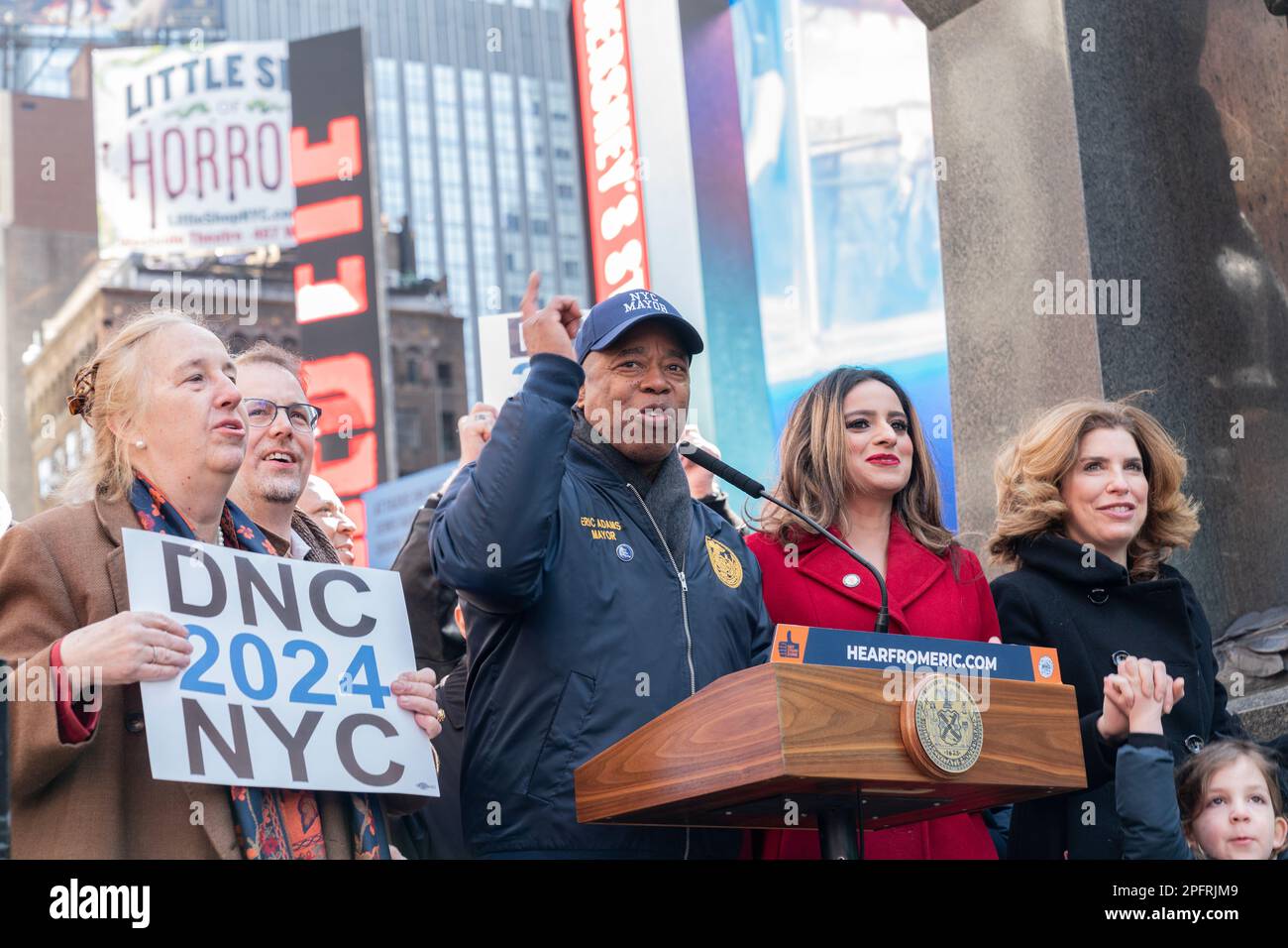 Mayor Eric Adams speaks during rally on Times Square on March 18, 2023 ...