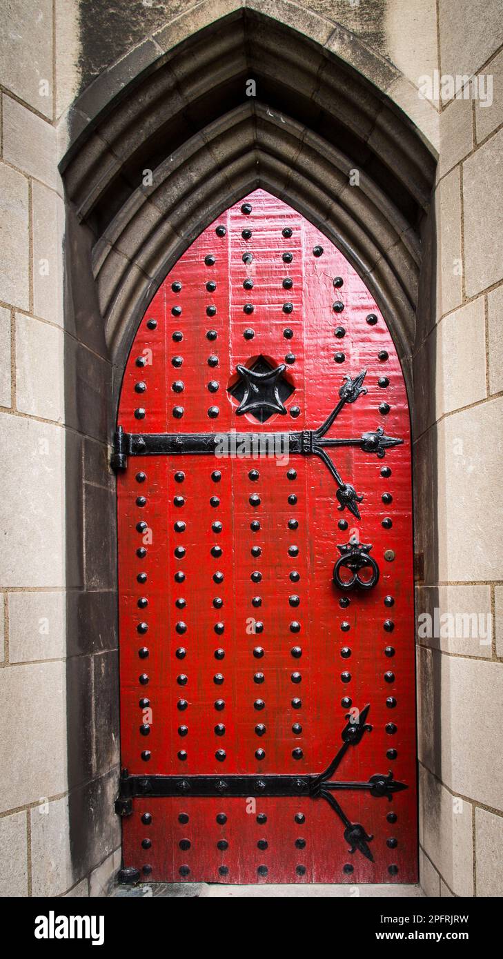 Red church door with metal mountings Stock Photo - Alamy