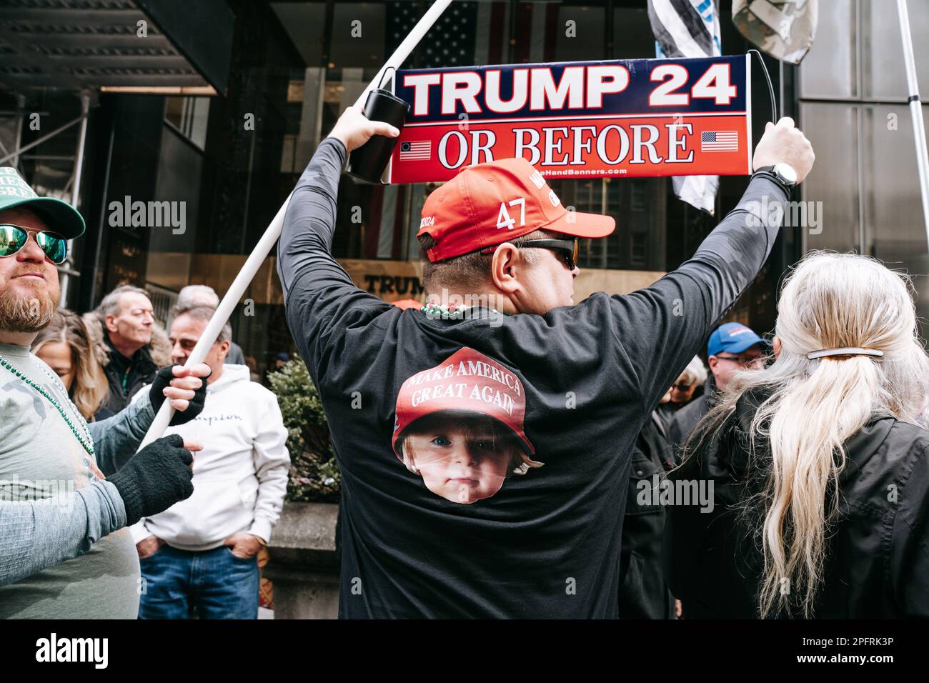 New York, United States. 17th Mar, 2023. Dion Cini shows off a MAGA t ...