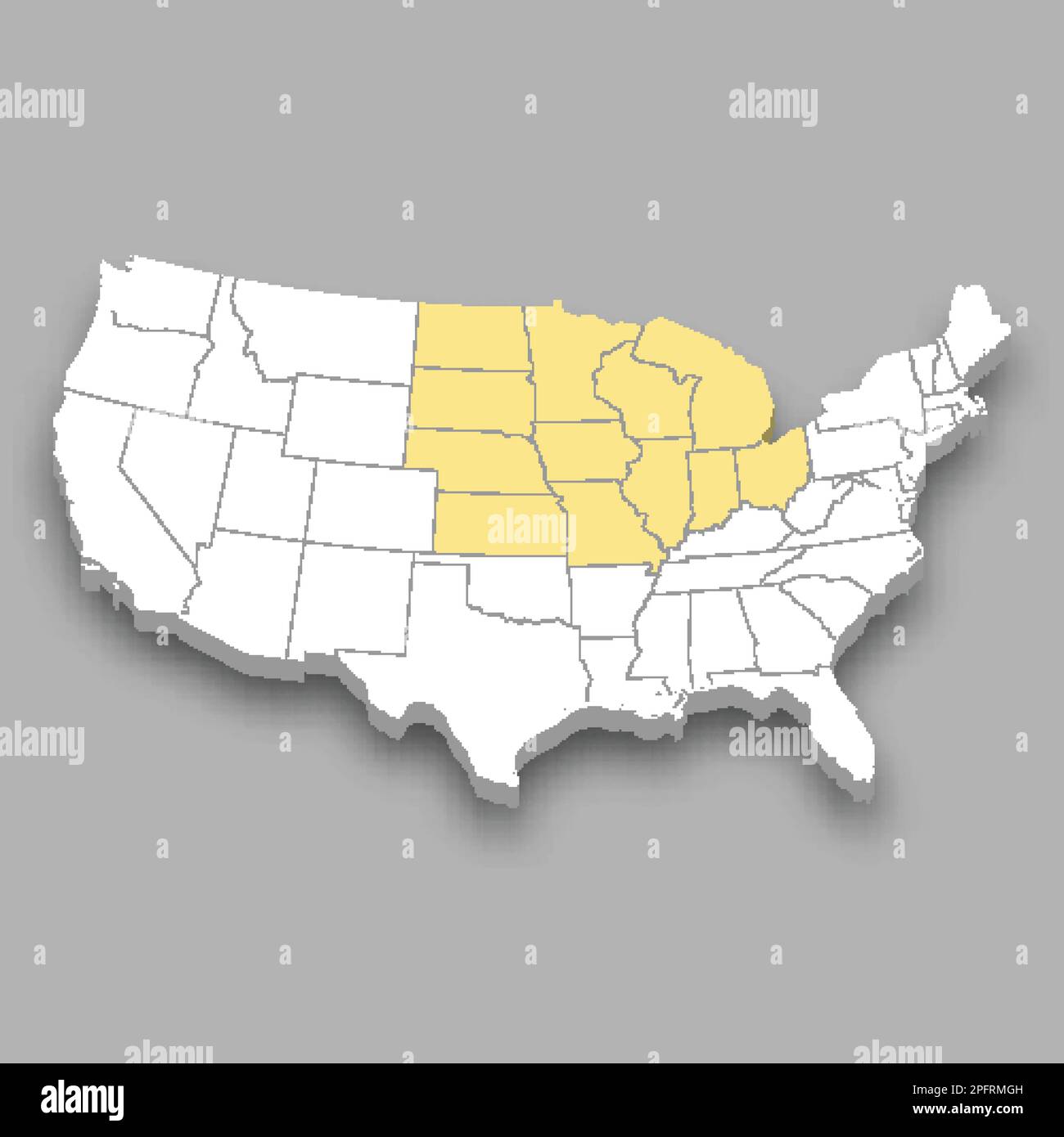 Midwest region location within United States 3d isometric map Stock ...