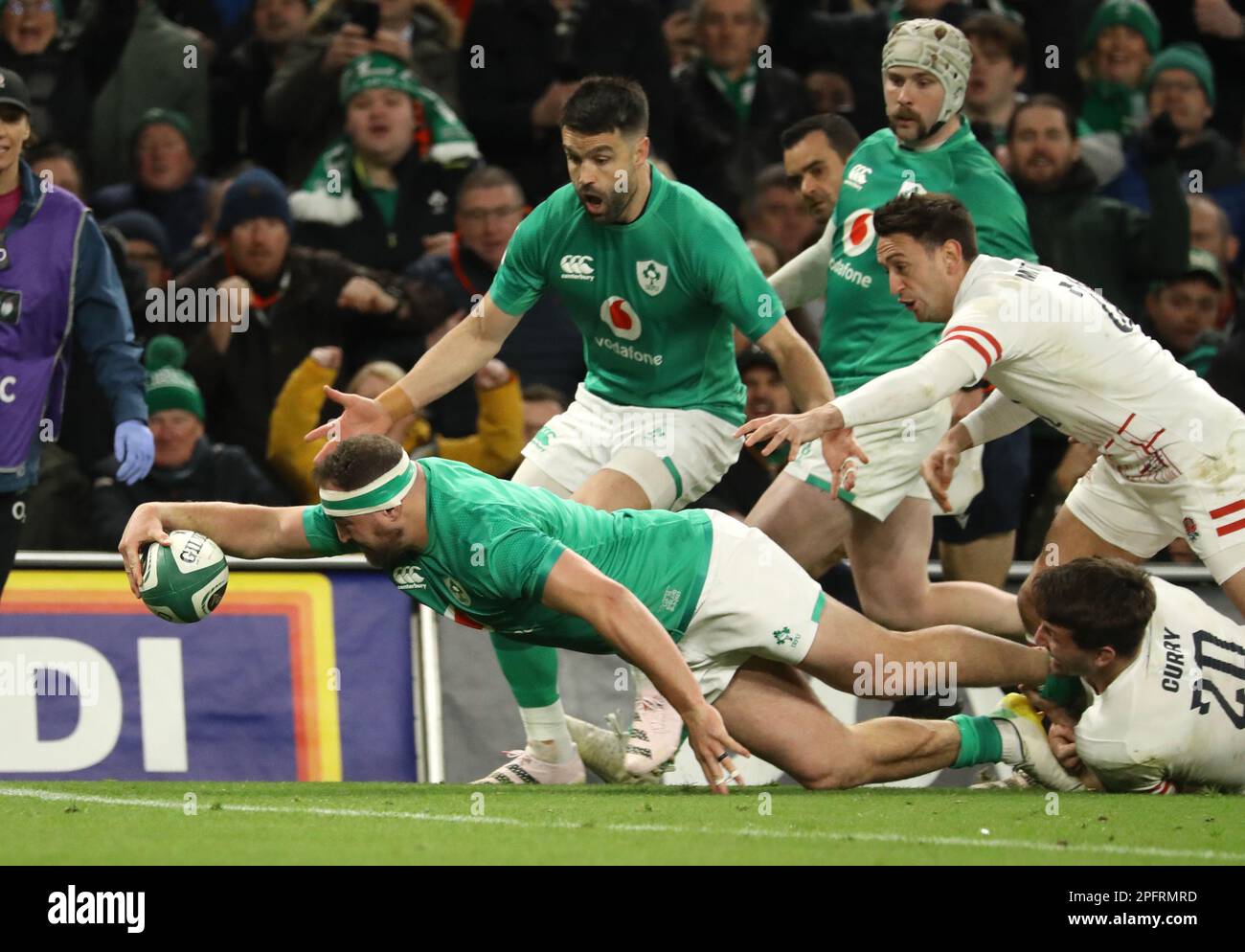 Ireland's Rob Herring dives in to score his sides fourth try during the ...