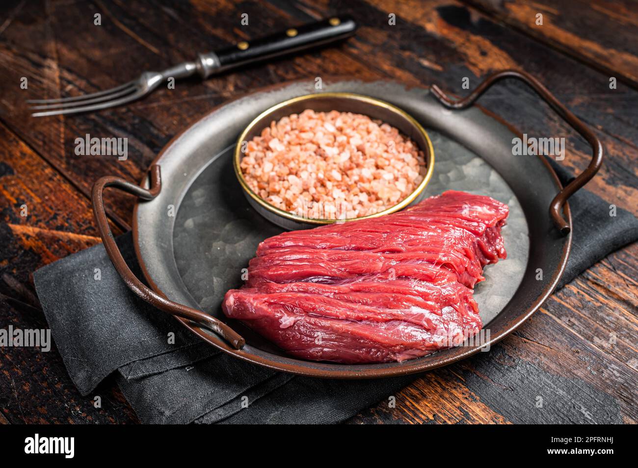 Raw Game meat of Venison dear, meat steak. Wooden background. Top view ...