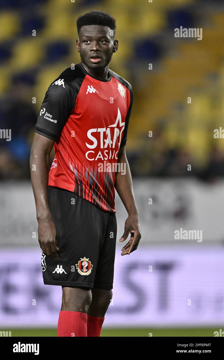 Seraing's Marius Mouandilmadji after scoring during a soccer match ...