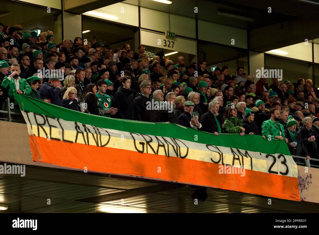 Ireland fans hold up a Grand Slam banner during the Guinness Six ...