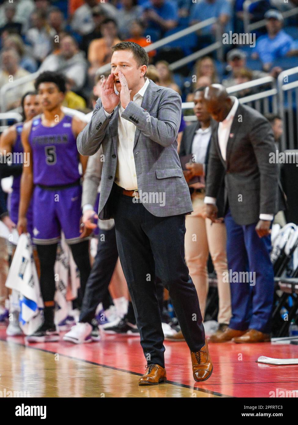 Orlando, FL, USA. 18th Mar, 2023. Furman head coach Bob Richey yells ...