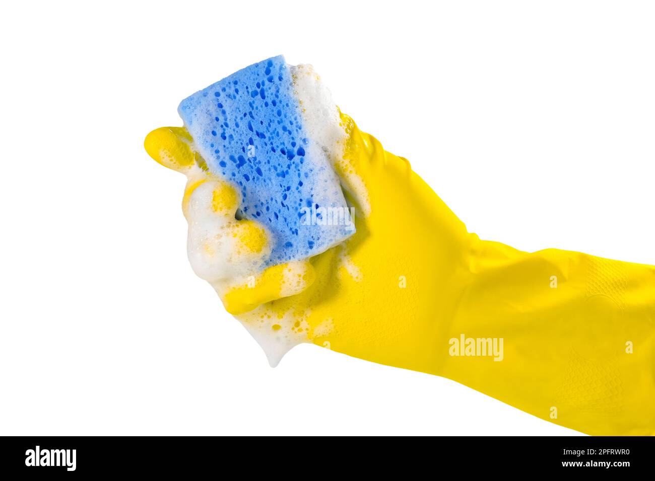 Hand in glove holds soapy sponge for washing dishes, isolated on white ...