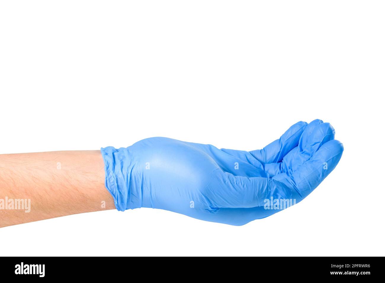 Hand in blue medical glove isolated on white. Protection against ...