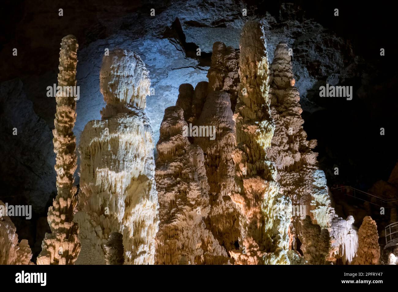 stalactites and stalagmites inside the underground caves of Frasassi in ...