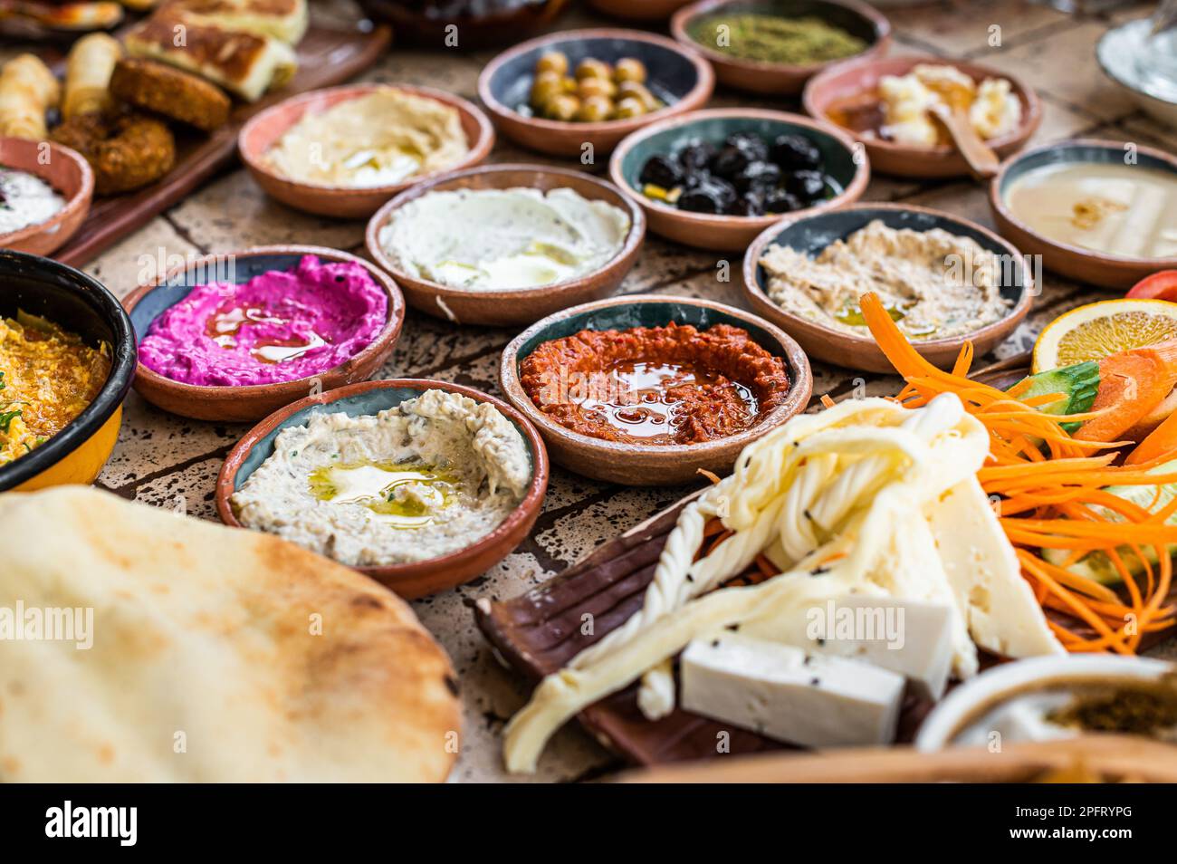 Traditional Turkish Village Breakfast on the ceramic table with ...
