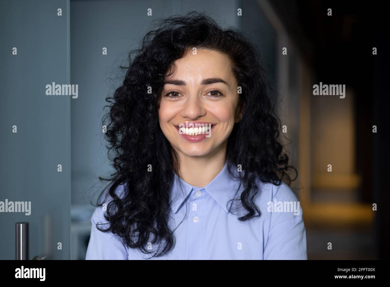 Close-up portrait of mature adult business woman, boss smiling and ...