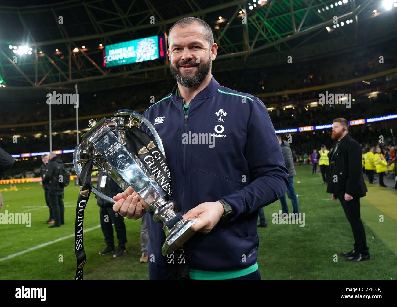 Ireland head coach Andy Farrell poses with the trophy after the Guinness Six Nations match at ...