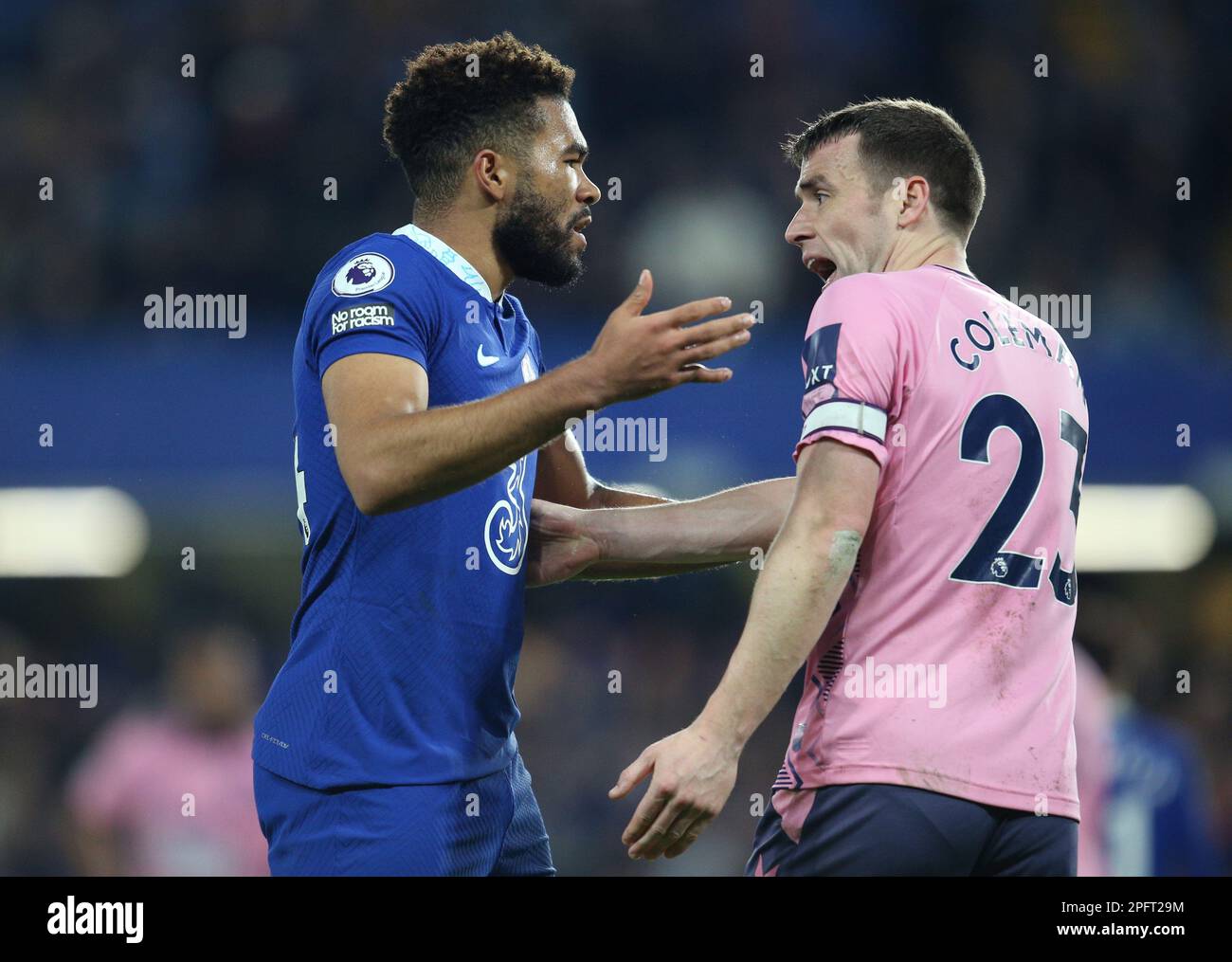 Chelsea's Reece James (left) and Everton's Seamus Coleman have words ...