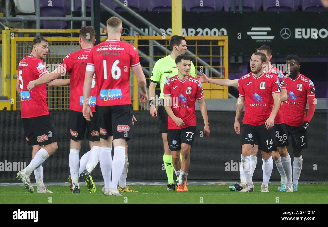 Rwdm's Zakaria El Ouahdi celebrates after scoring during a soccer match ...